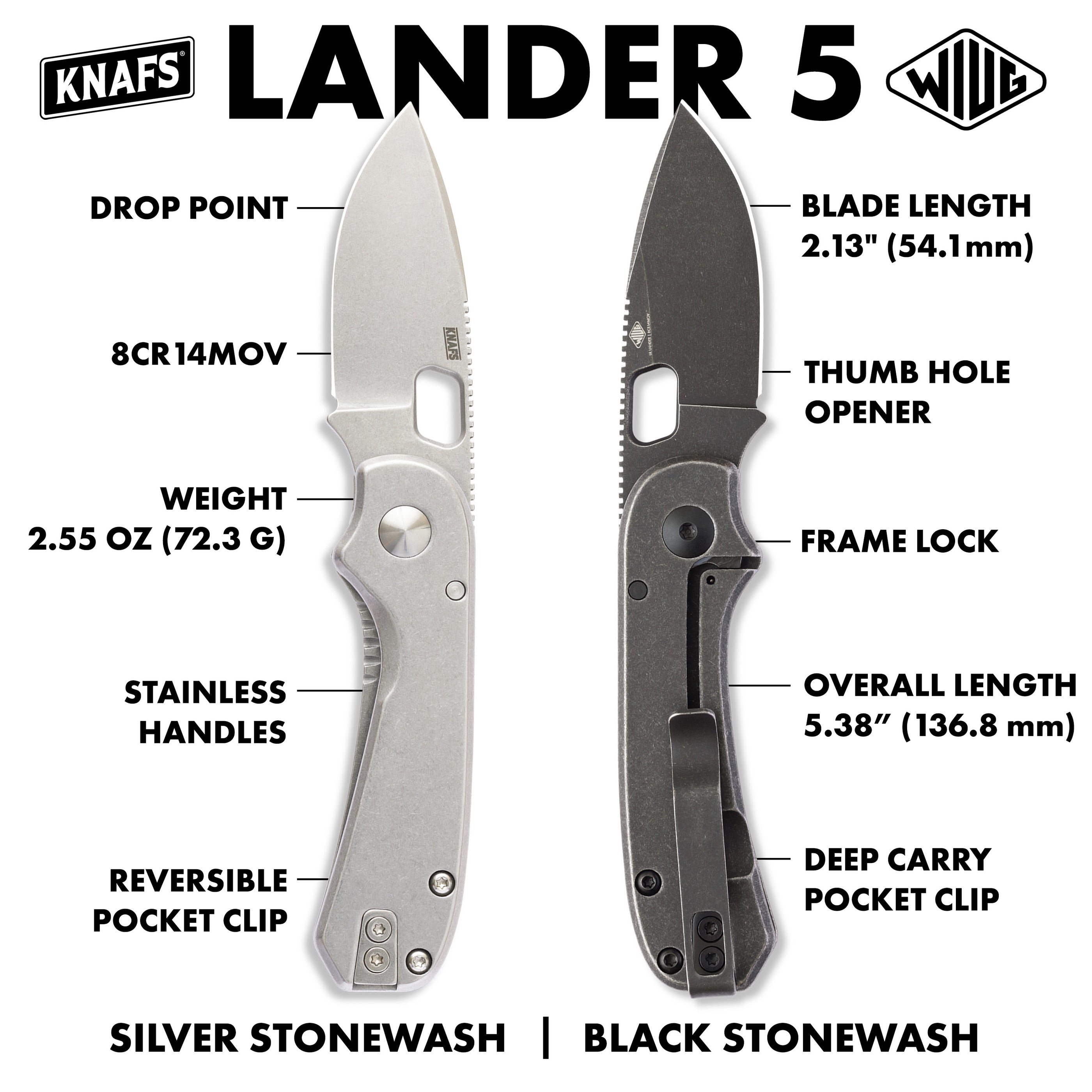 Lander 5 Pocket Knife - Black Stonewash - 8CR14MOV